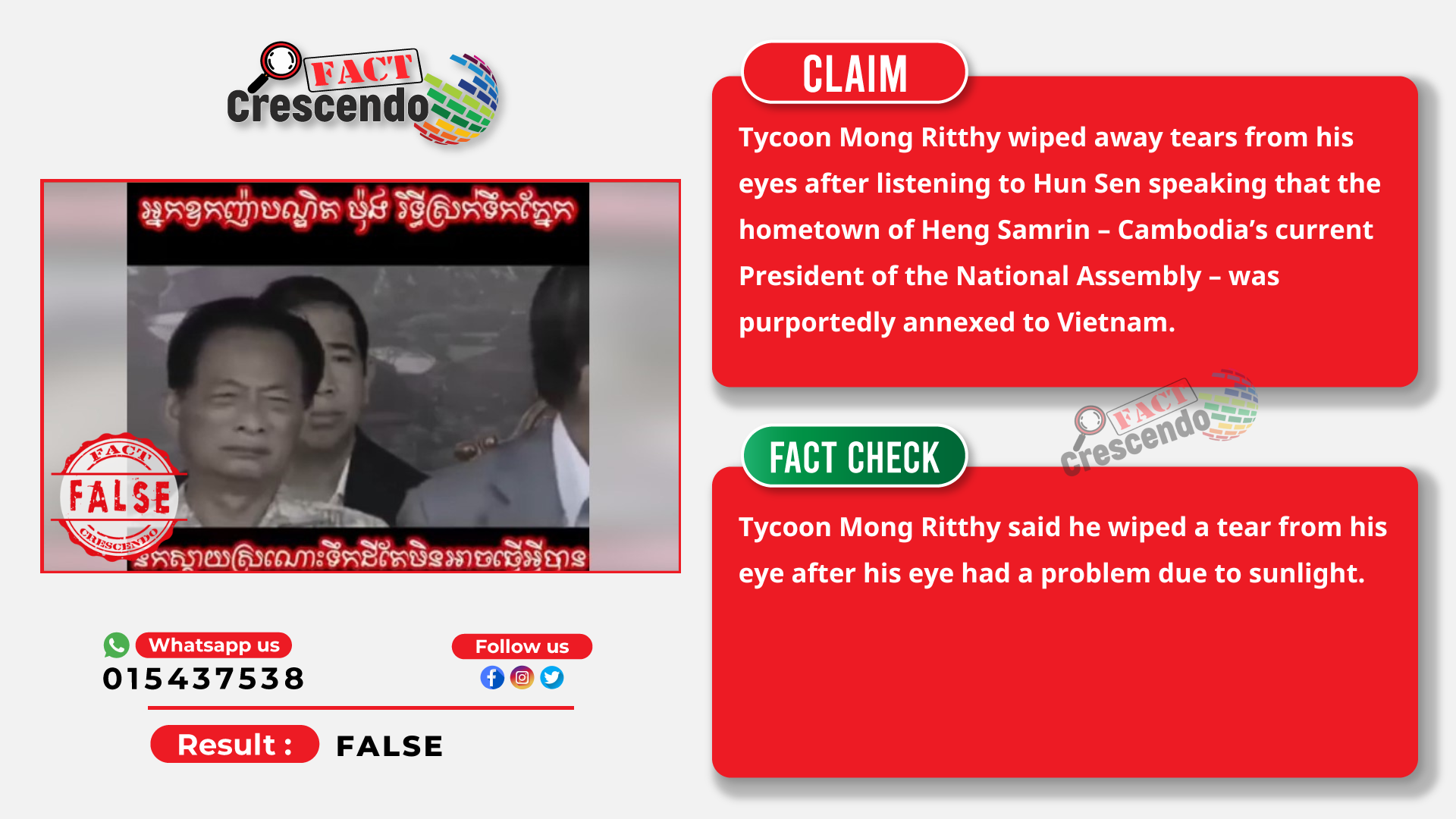 A Video Depicting Mong Ritthy Wiping Tear from His Eye Falsely Narrated ...